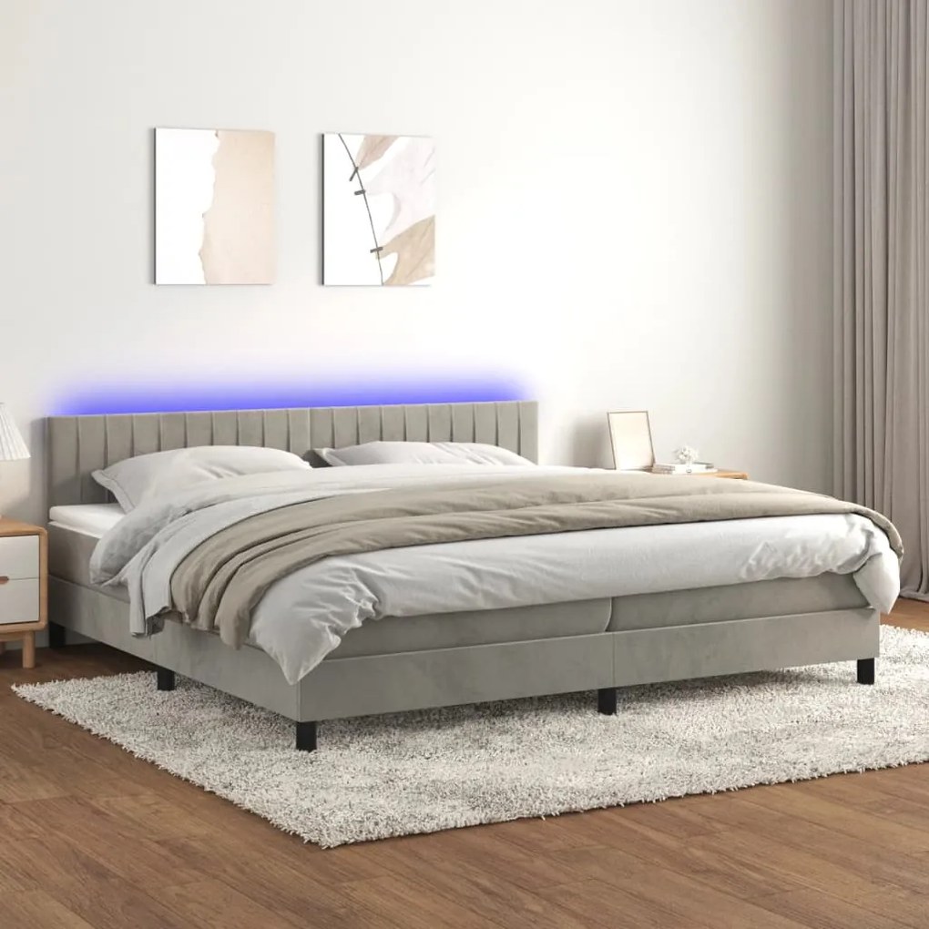 Box spring postel s matrací a LED světle šedá 200x200 cm samet