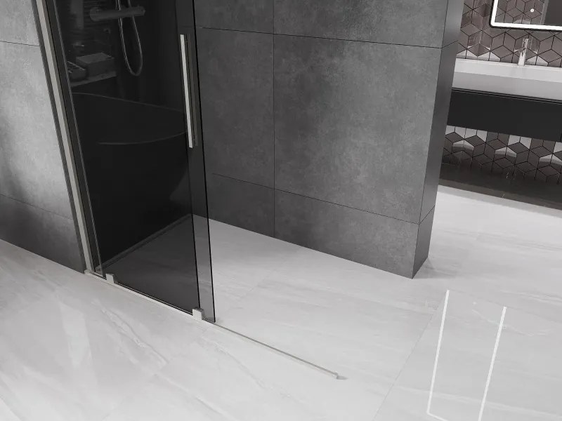 Mexen Velar, sprchová zástěna s posuvnými dveřmi Walk-in 130 x 200 cm, 8mm šedé sklo, broušená ocel, 871-130-000-43-97
