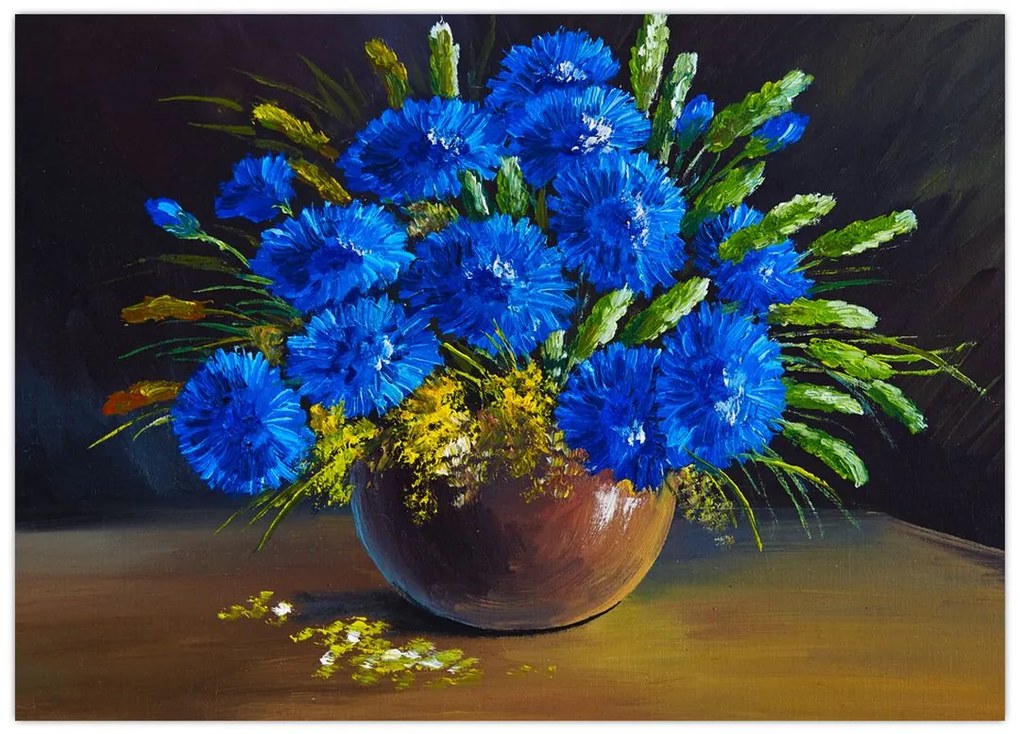 Obraz modrých květů ve váze (70x50 cm)