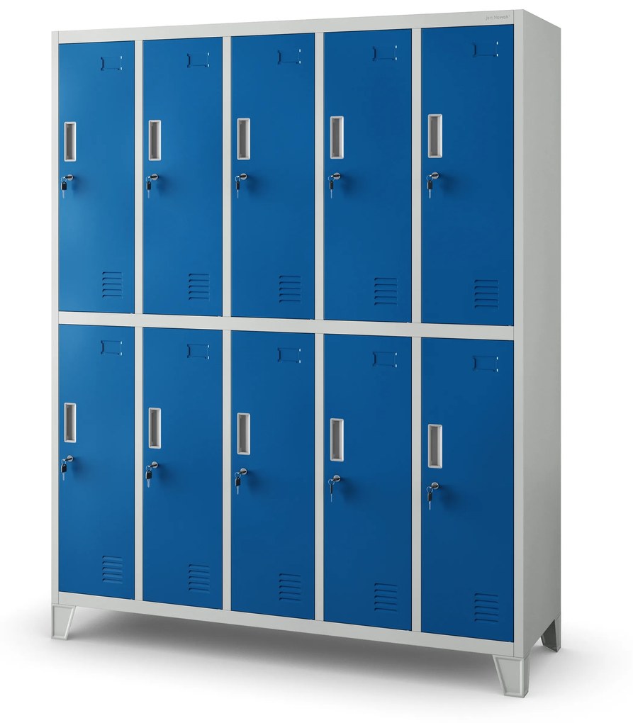 Plechová šatní skříňka na nožkách s 10 boxy BARTEK, 1360 x 1720 x 450 mm, šedo-modrá