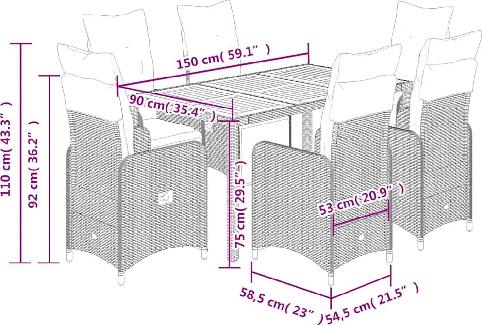7dílný zahradní bistro set s poduškami šedý polyratan 3277160