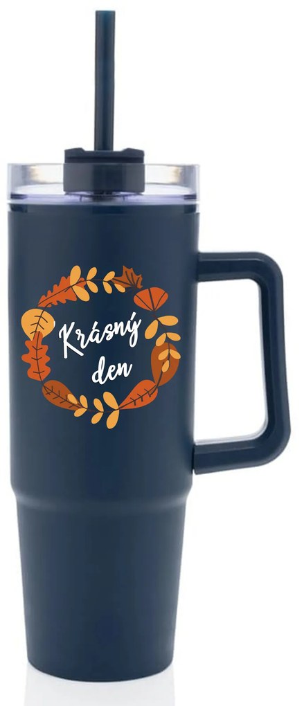 KRÁSNÝ DEN (PODZIM) - modrý cestovní termohrnek s průhledným víčkem 900 ml