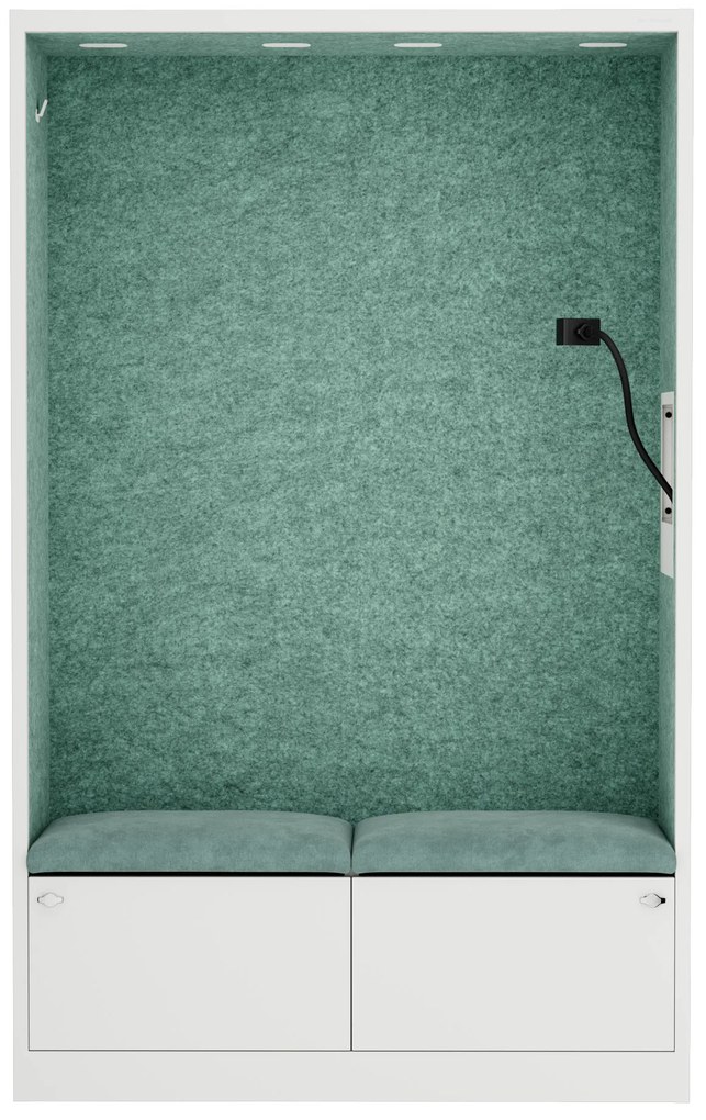 Kancelářská akustická kabina se sedátkem a USB-C portem, korpus bílý / sedák zelený, 1150 mm: SALLY MentalBox