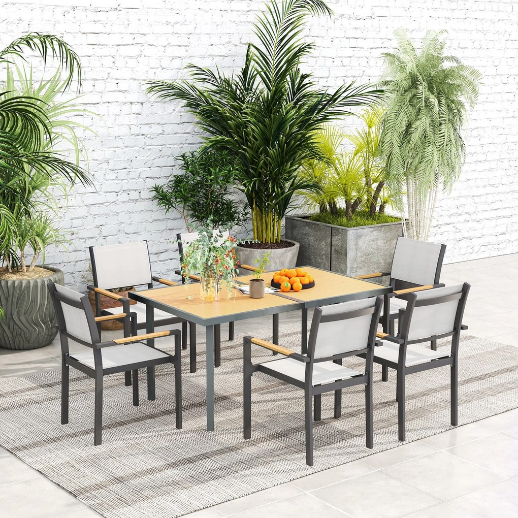 Jídelní stůl Outsunny pro 6 osob, zahradní stůl s obdélníkovým vrchem z oceli s dřevěným efektem, proti rezivění, pro terasu, 150 x 90 x 72 cm, příro…