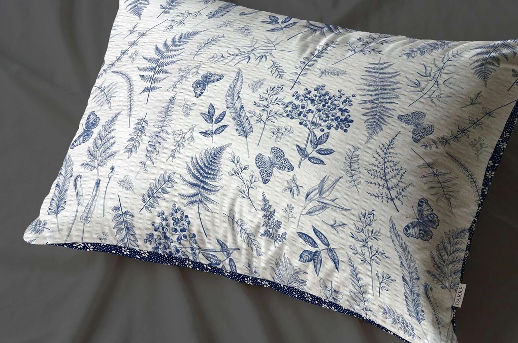 Krepové prodloužené povlečení V kapradinách s kytičkami - bílomodré Velikost: 140 x 220 + 70 x 90
