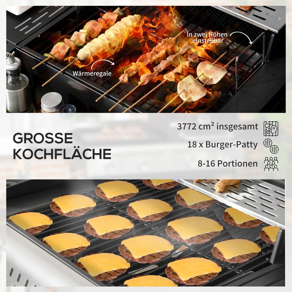 Outsunny plynový grilovací vozík 2+1 hořák s teploměrem 3kW BBQ gril na dřevěné uhlí s odkládací plochou Boční odkládací plocha Háček pro kempování Č…