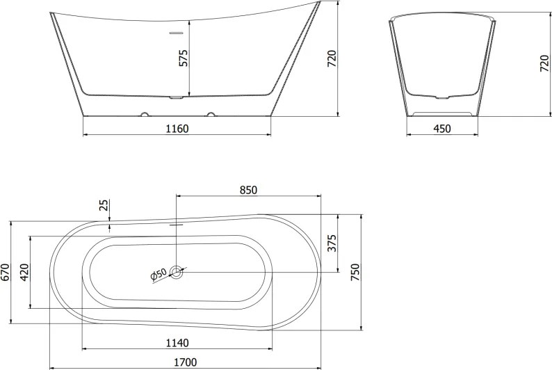 Mexen Dora, volně stojící vana 170 x 75 cm, bílá/černá, bílý přepad, 52071707575-20