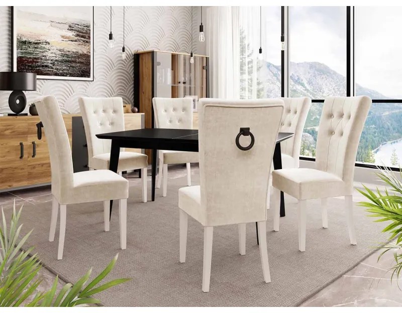 Rozkládací stůl 140x80 se 6 židlemi ST67, barva: natura, barva: bílá, Klepadlo: černé, Potah: Magic Velvet 2225