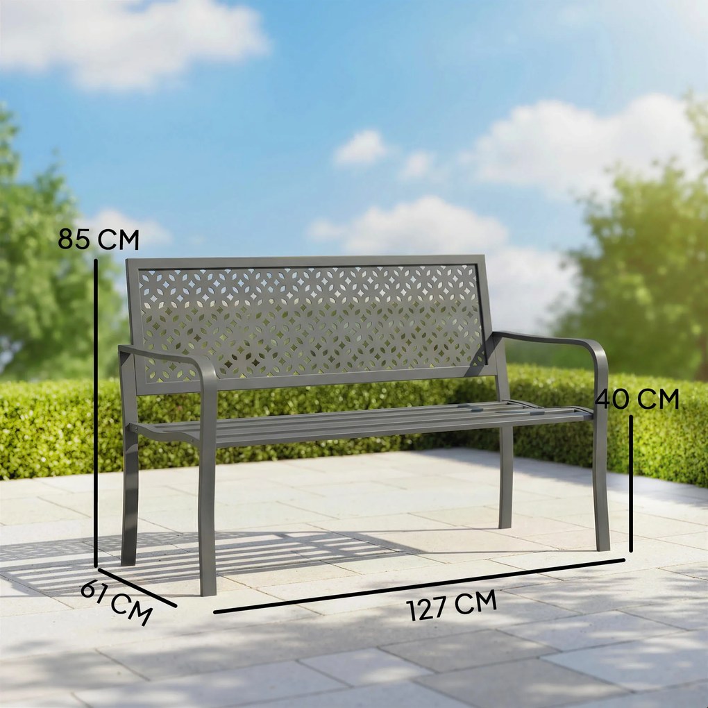 Outsunny Zahradní lavice 2místná kovová venkovní lavice odolná proti povětrnostním vlivům s nerezavějícím opěradlem, geometrie do 240 kg