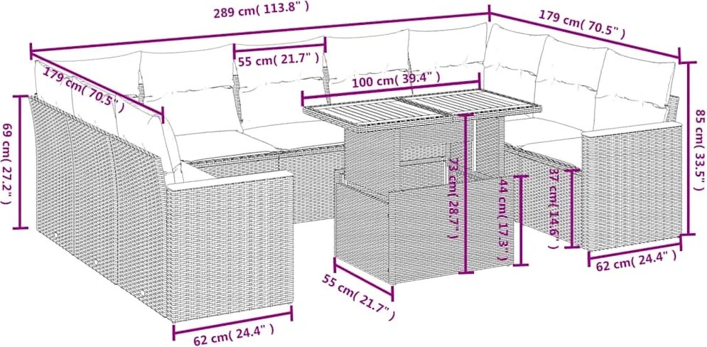 11dílná zahradní sedací souprava s poduškami černá polyratan 3273246