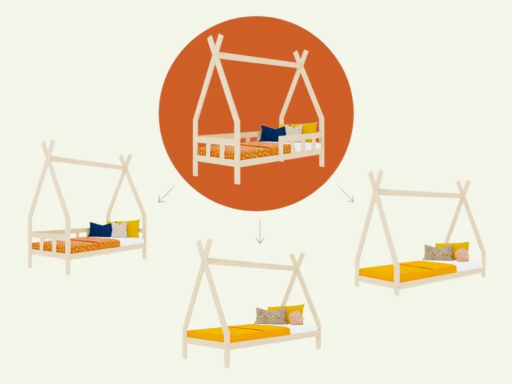 Benlemi Dětská teepee postel FENCE 4v1 ze dřeva se zábranou a úložným šuplíkem Zvolte barvu: Béžová, Zvolte rozměr: 90x160 cm, Zvolte zábranu: S otevřeným vstupem