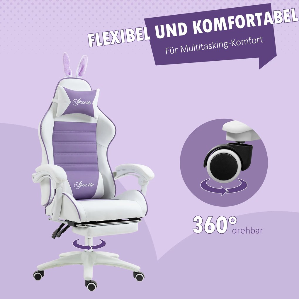 Vinsetto Herní židle ergonomická s podnožkou králičí uši 135° polohovací kancelářská židle nastavitelná výška bederní opěrka hlavy koženka fialová