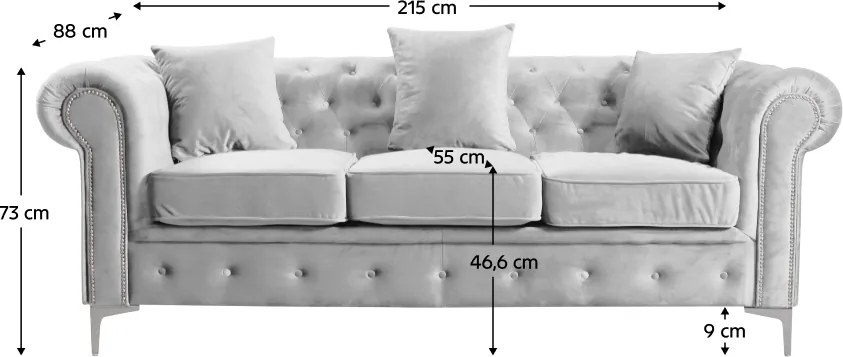 Luxusní 3-sed, světle šedá Velvet látka, ROMANO