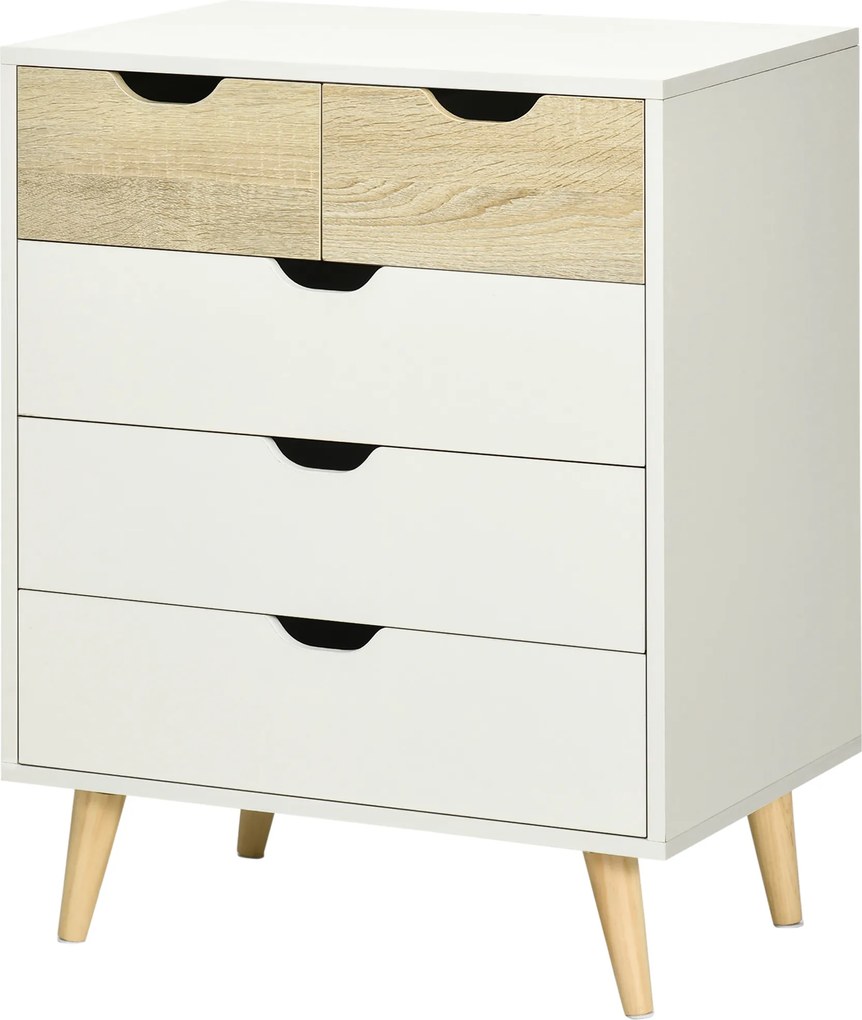 HOMCOM Komoda s 5 zásuvkami a zvýšenými nohami pro ložnici, obývací pokoj i kancelář, moderní styl, proti převrhnutí, 60x40x77,5 cm, přírodní a bílá