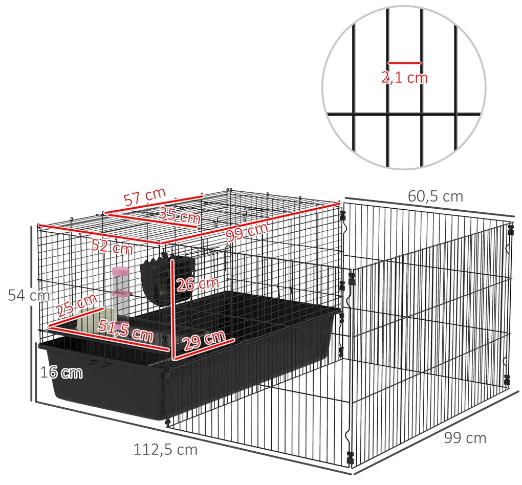 Bouda PawHut pro malá zvířata s výběhem, 112,5L x 99W x 54H cm, s lahví na vodu, krmítkem, miskou na krmení, pro malá zvířata, ocel, černá | Aosom