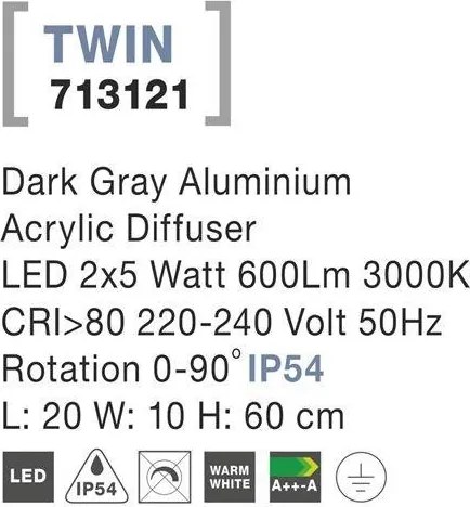 NV 713121 Venkovní sloupkové svítidlo TWIN tmavě šedý hliník akrylový difuzor LED 2x5W 3000K 220-240V rotační 0-90st. IP54 - NOVA LUCE
