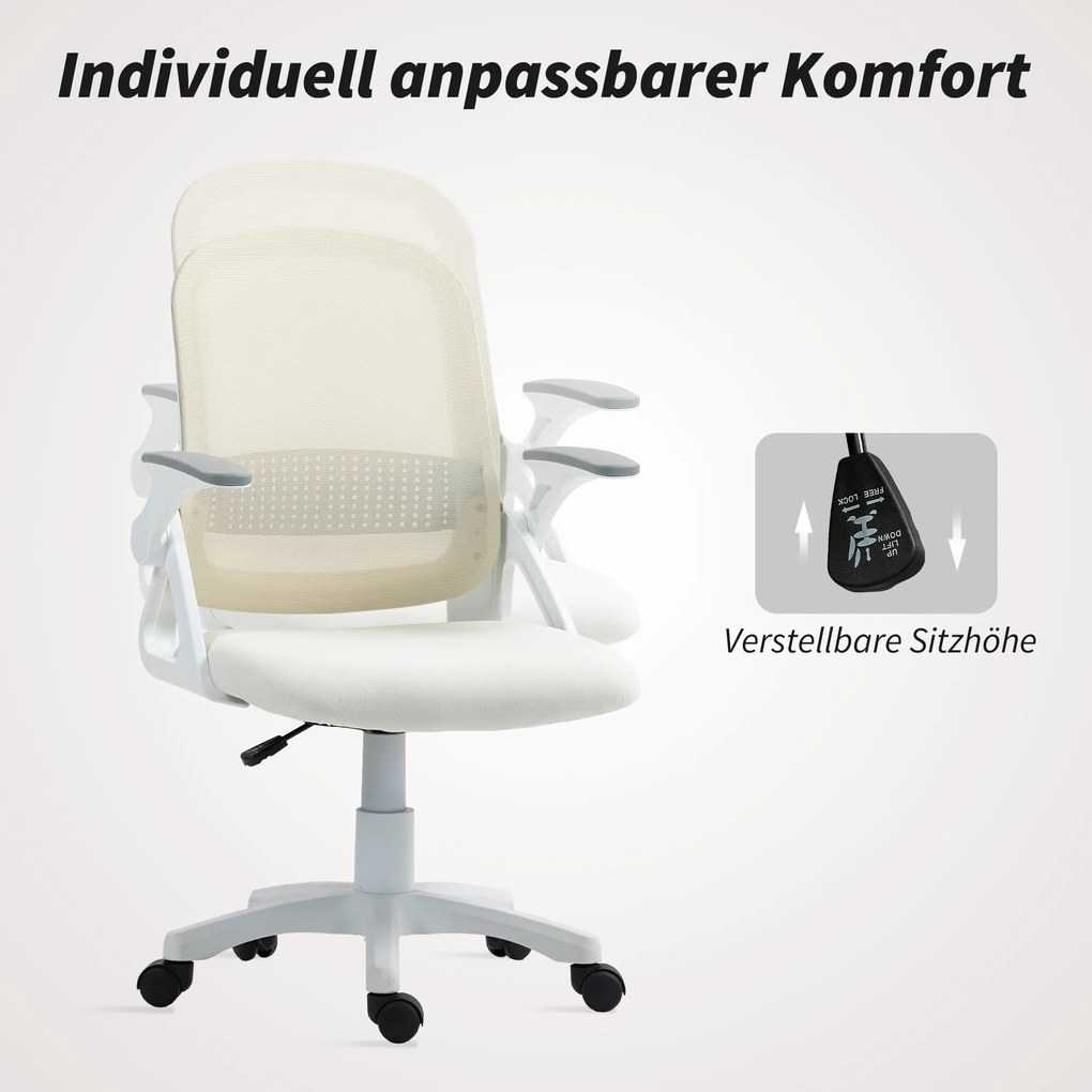 HOMCOM ergonomická síťovaná kancelářská židle se sklápěcími područkami, bederní oporou, nastavitelná výška a náklon — bílá