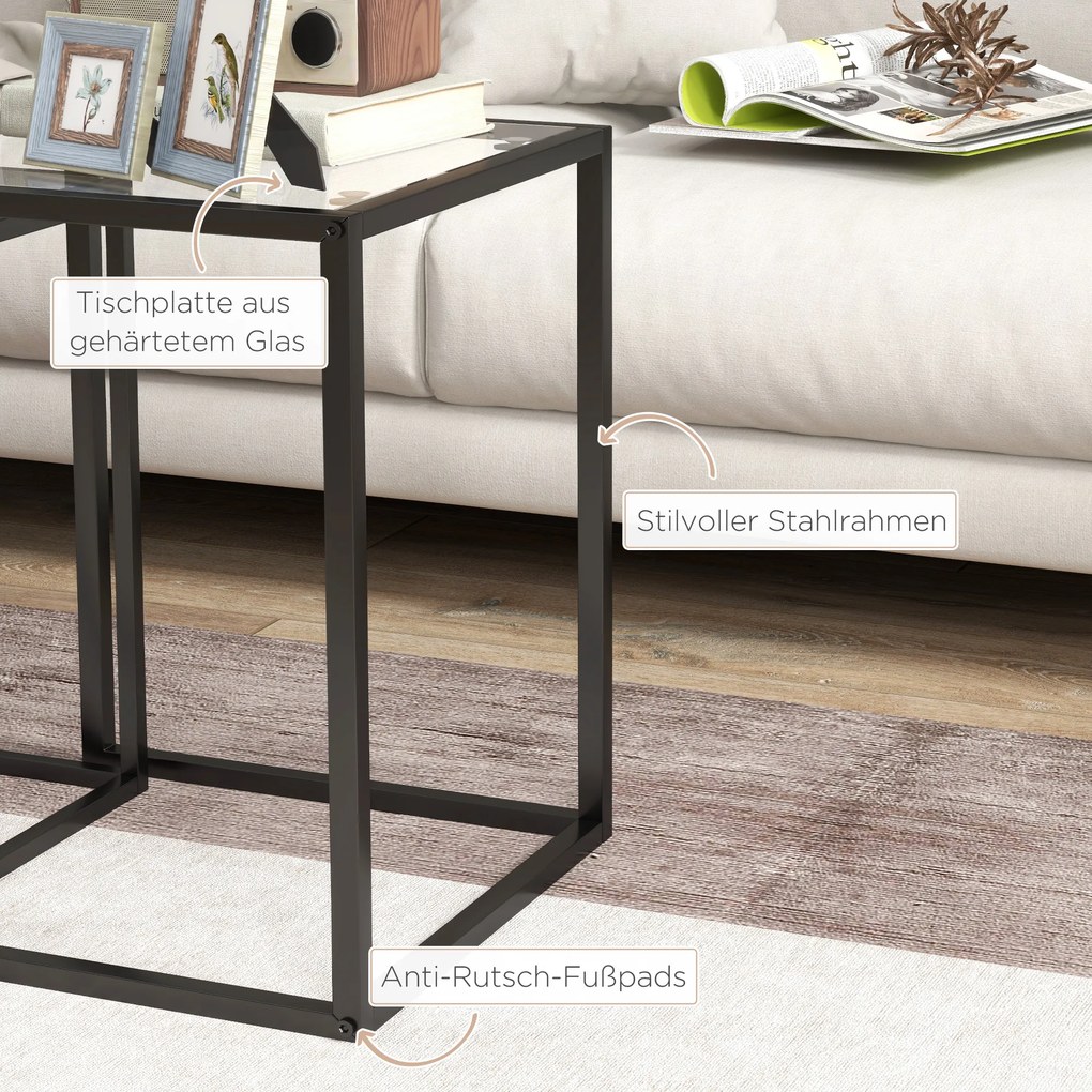 HOMCOM Sada 2 čtvercových stohovatelných konferenčních stolků s tvrzeným sklem a ocelovým rámem pro obývací pokoj 33x33x45,5 cm a 42x42x51 cm Černá