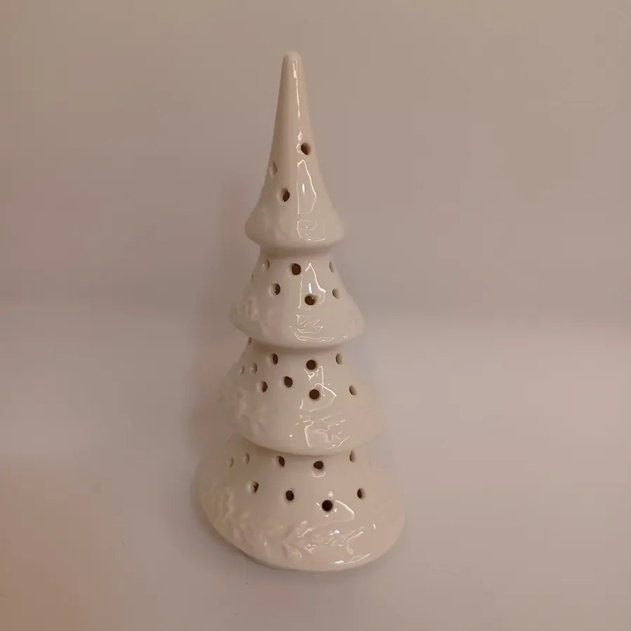 LED dekorace keramický stromeček, 9 × 7,4 × 17,8 cm, teple bílá, 2× LR44