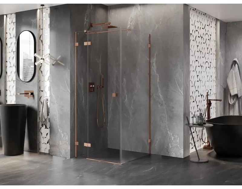 Mexen Lunar T, sklápěcí sprchový kout levý 120 x 120 cm, 8mm čiré sklo, profil měděná matná, 834T-120-120-65-00-L