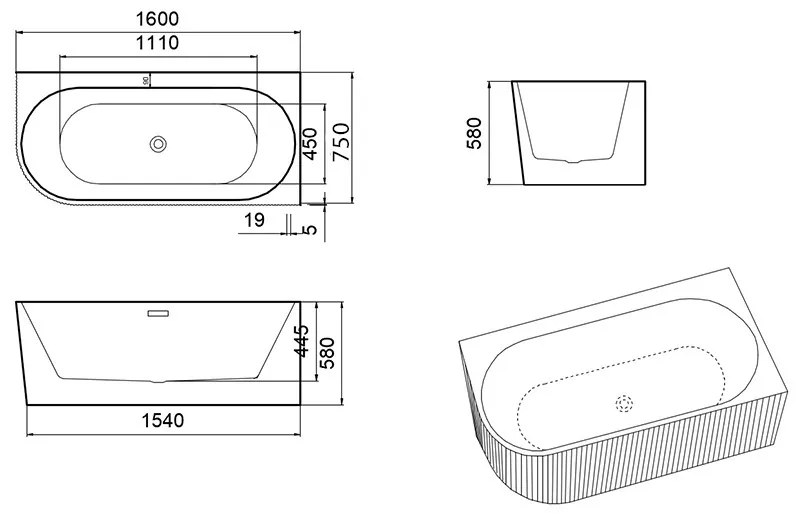 BPS-koupelny Volně stojící rohová akrylátová vana HYD-RIO504C pravá 160x75 bílá, odtokový komplet bílý