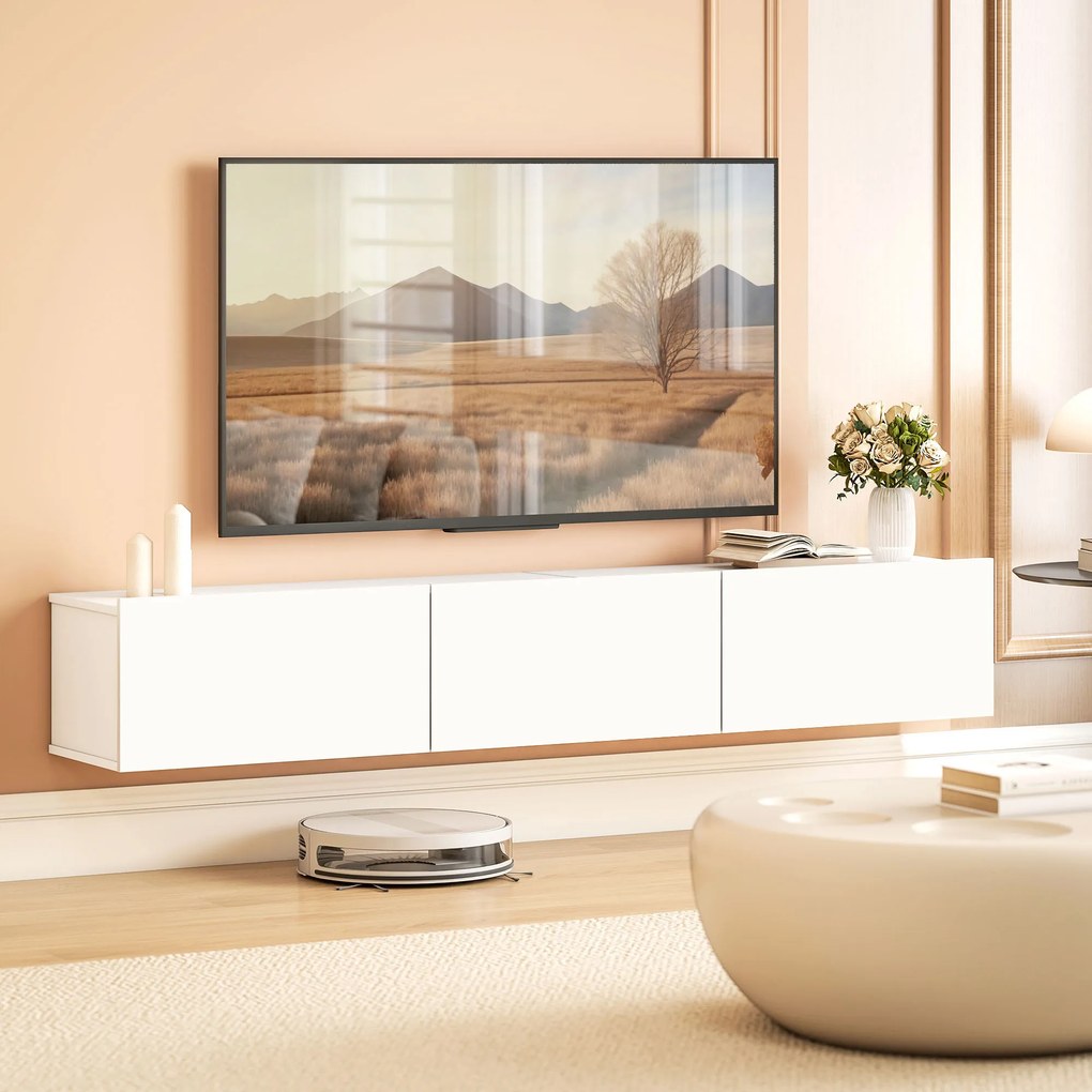 HOMCOM Zavěšená TV skříňka, montáž na zeď, 3 zásuvky, spousta úložného prostoru, 180 cm, bílá