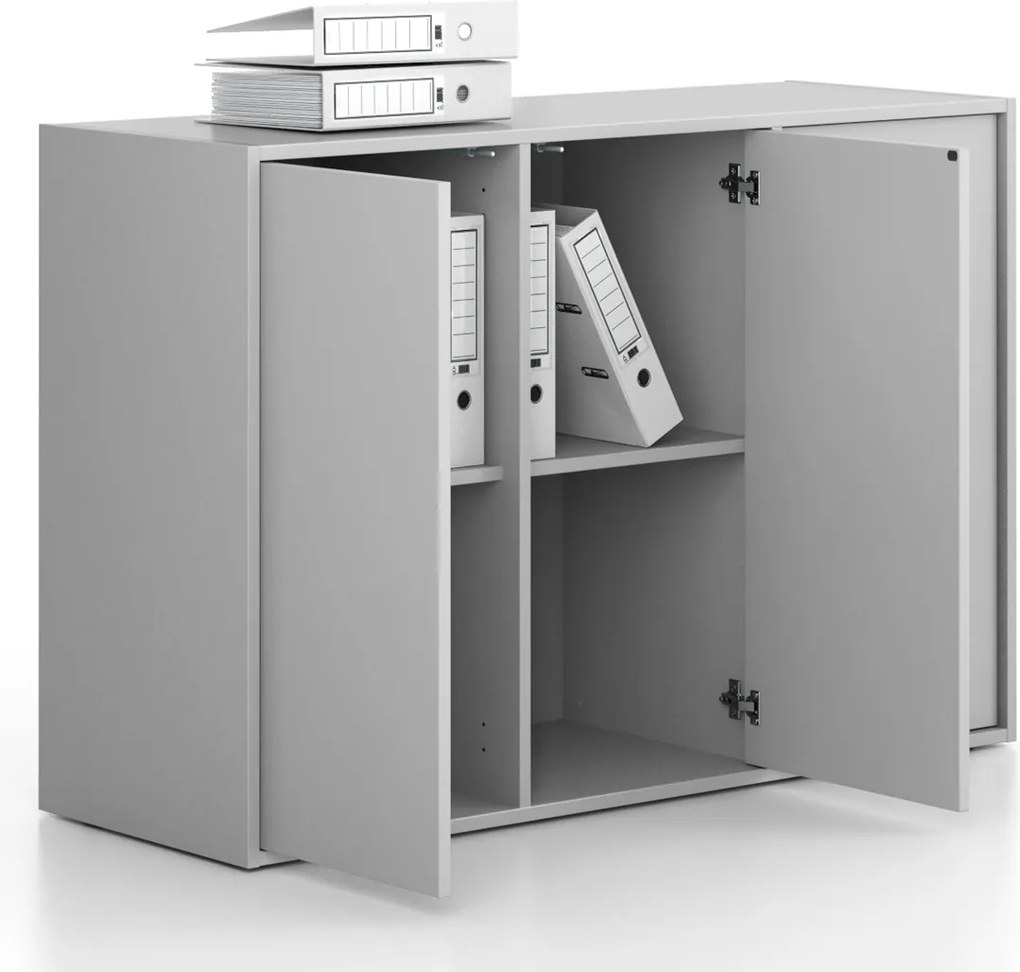 Kancelářská skříň FRAME, nízká, 3 dveře, 1299 x 450 x 881 mm, PUSH-lock, šedá