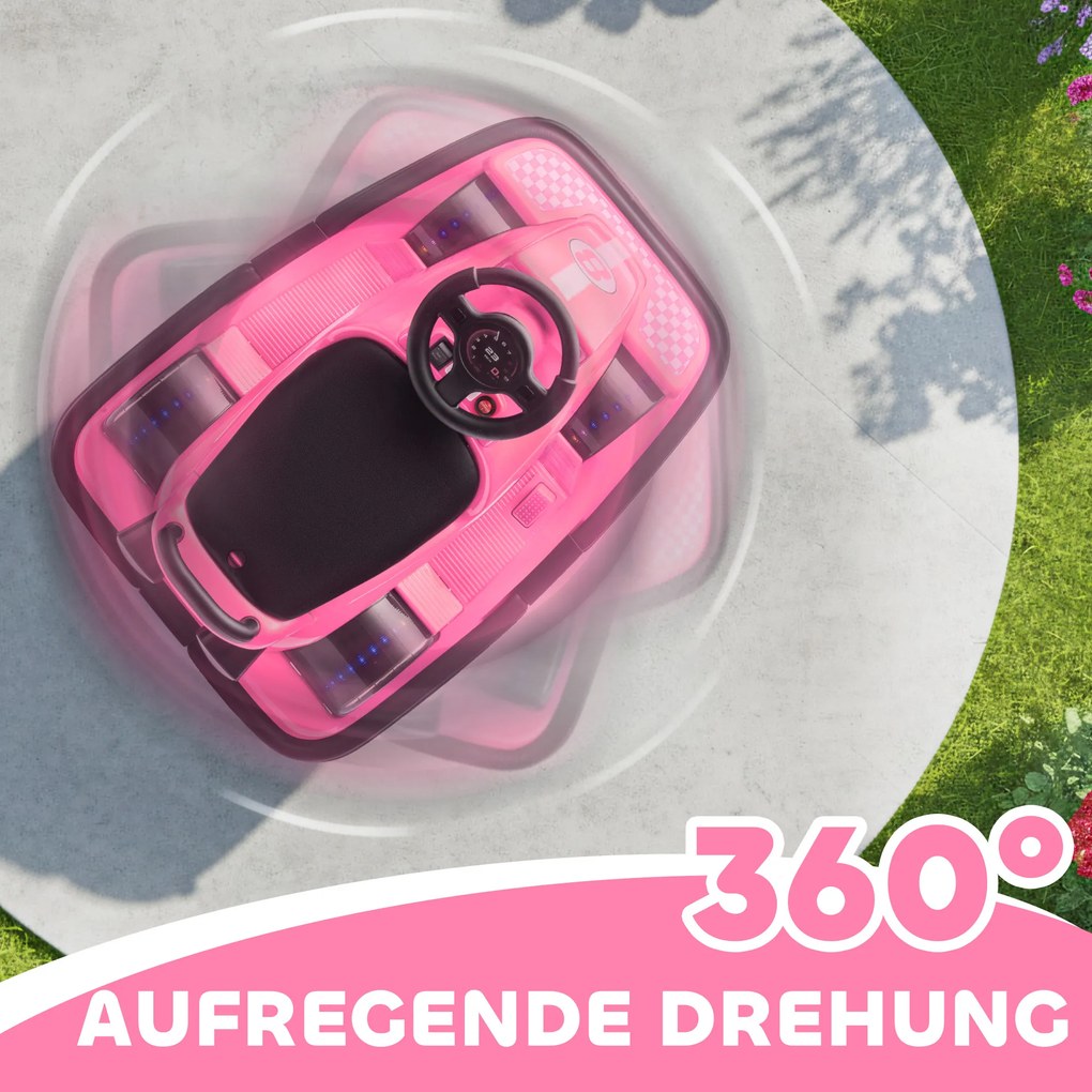 AIYAPLAY Autoskúter pro děti, otočný o 360 stupňů, volant, LED světla, hudební funkce, 3-8 let, růžový