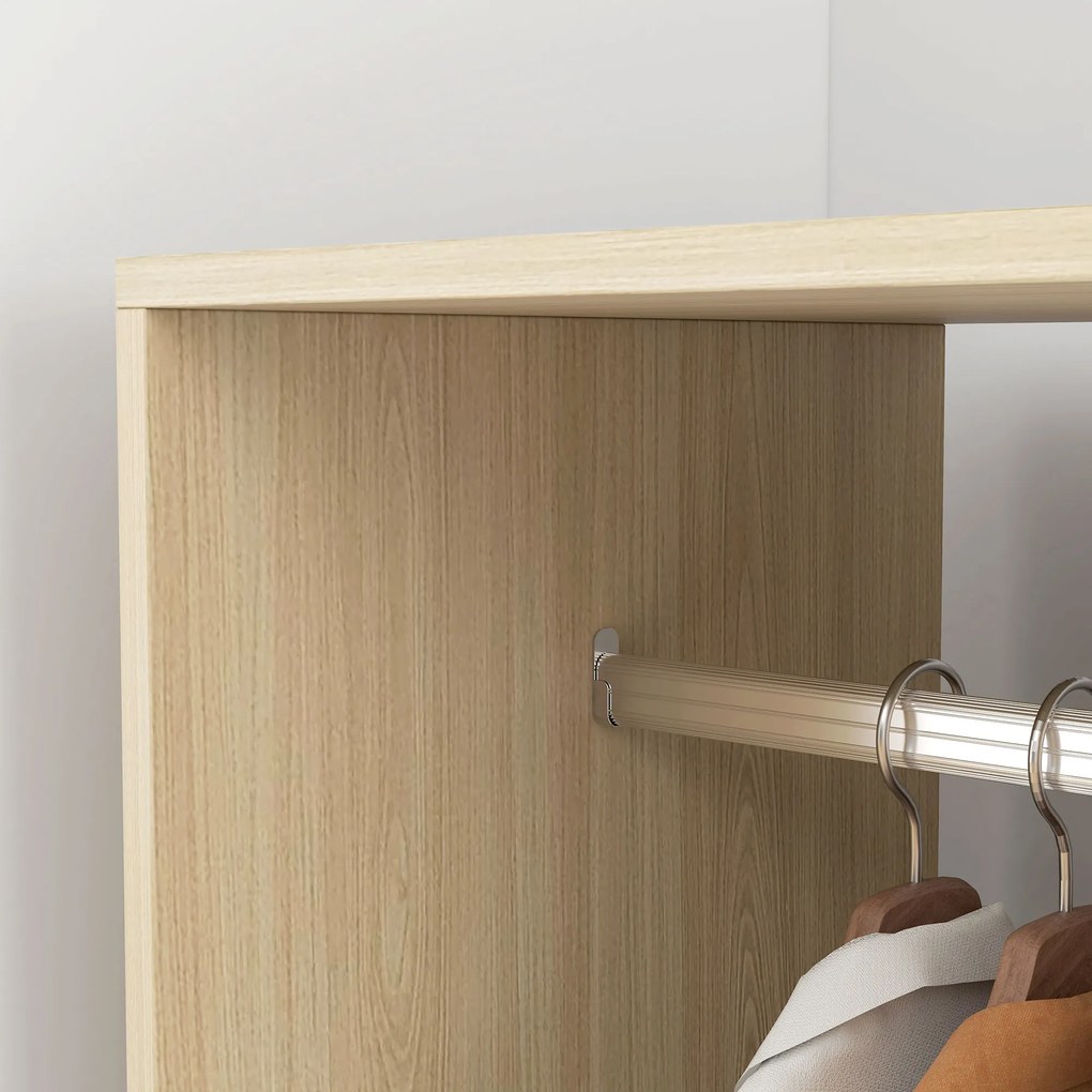 HOMCOM Skříň s kolečky - Otevřený design, organizér s šatní tyčí a policemi pro oblečení do ložnice 60x40x128 cm - Přírodní dřevo