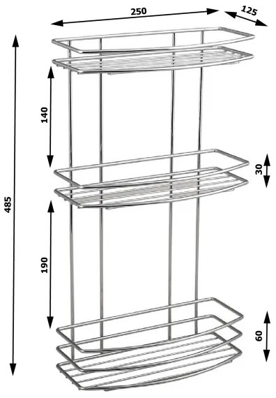 Aqualine - Třípatrová nástěnná police do sprchy CHROM LINE lesklý chrom