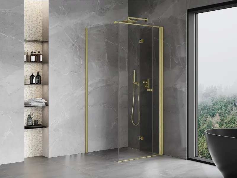 Mexen Mist-F T, 1-křídlý skládací sprchový kout pravý 90 x 90 cm, čiré sklo, zlatý matný profil, 8A6T-090-090-55-00-P