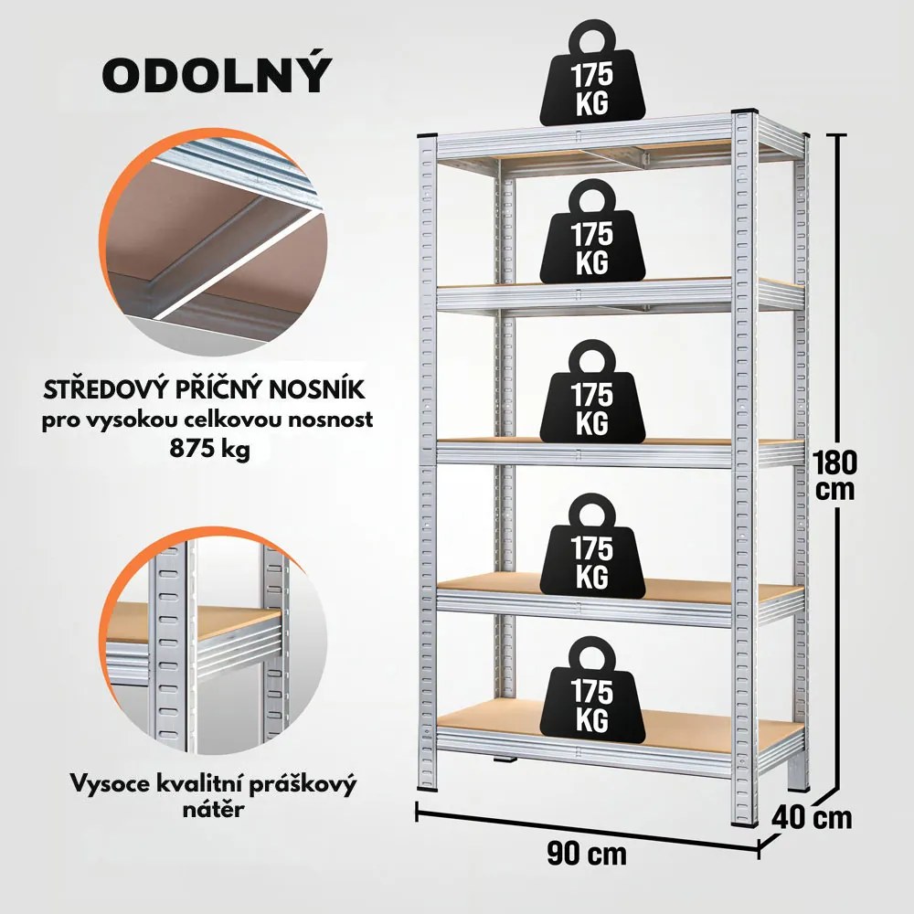 Regál s vysokou nosností HEAVY, max. 875kg, 90x40x180cm, stříbrná Jurhan