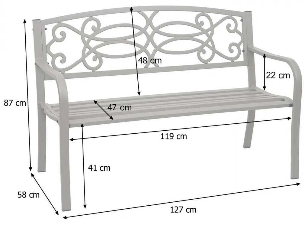 Zahradní lavička HWC-F44, 2-místná ocel s práškovým nástřikem - šedá