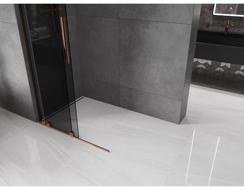 Mexen Velar L, posuvná sprchová zástěna Walk-in 100 x 200 cm, 8mm šedé sklo, růžové zlato, 871-100-003-43-60