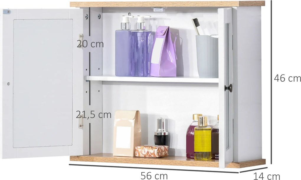 Nástěnný koupelnový kabinet kleankin se zrcadlem 2 úrovně s 1 nastavitelnou policí a 2 dřevěnými dveřmi - rozměr 56 š x 14 h x 46 v cm