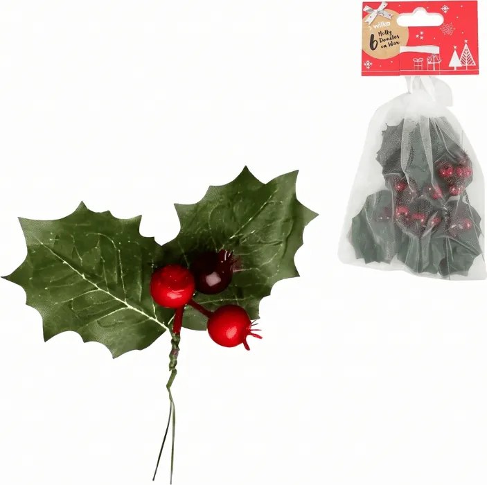 Vánoční dekorace na drátku HOLLY LEAVES 13 cm 6 ks