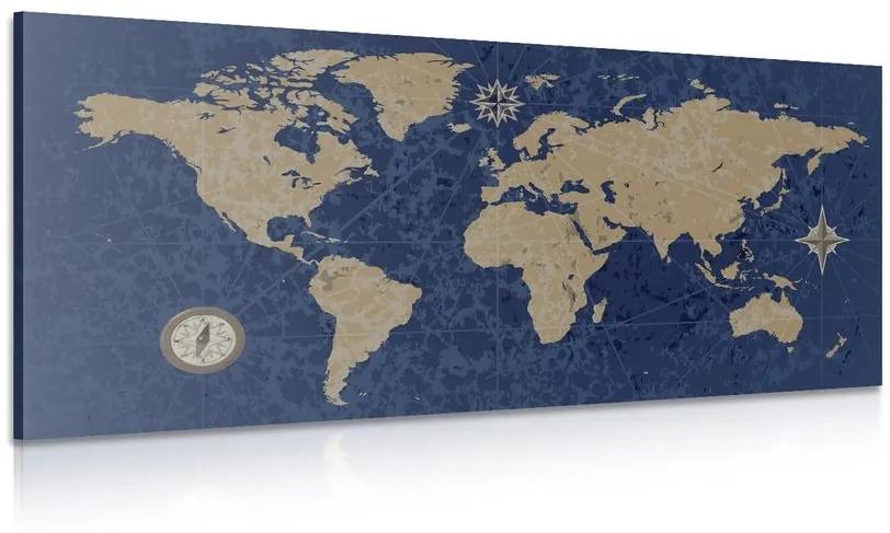 Obraz mapa světa s kompasem v retro stylu na modrém pozadí - 120x60 cm