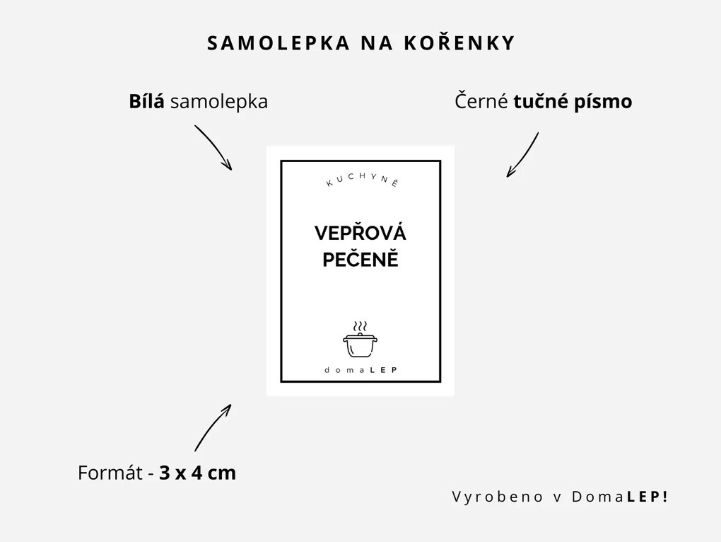VEPŘOVÁ PEČENĚ - Samolepka na kořenky 3 x 4 cm - DomaLEP varianta: BÍLÁ - základní písmo