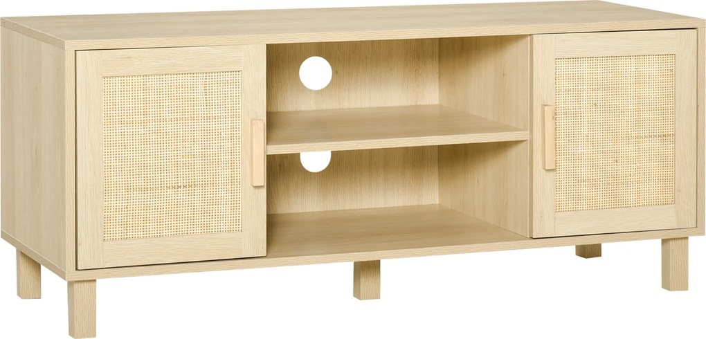 HOMCOM TV Stánek s Věšákem - 2 Přihrádky, 2 Skříně s Ratanovými Dveřmi, 115 x 40 x 48 cm, MDF s Povrchovou Úpravou Světle Dřevo