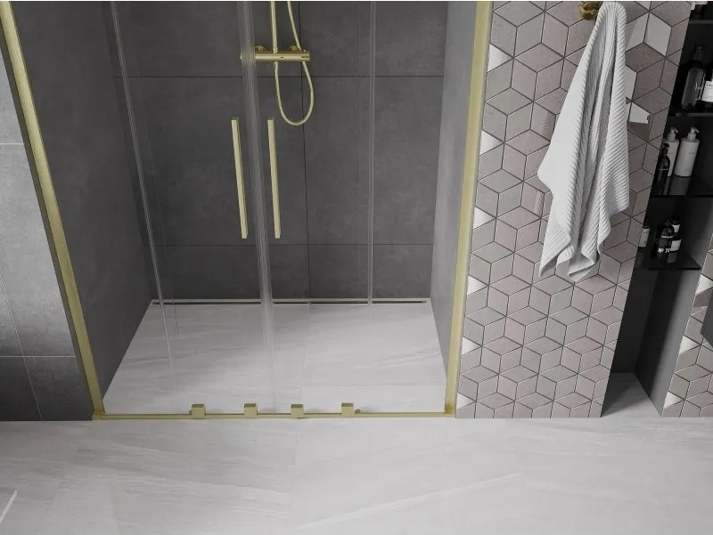 Mexen Velar L Duo, posuvné sprchové dveře do otvoru 140 cm, 8mm čiré sklo, zlatá matná, 871-140-003-02-55