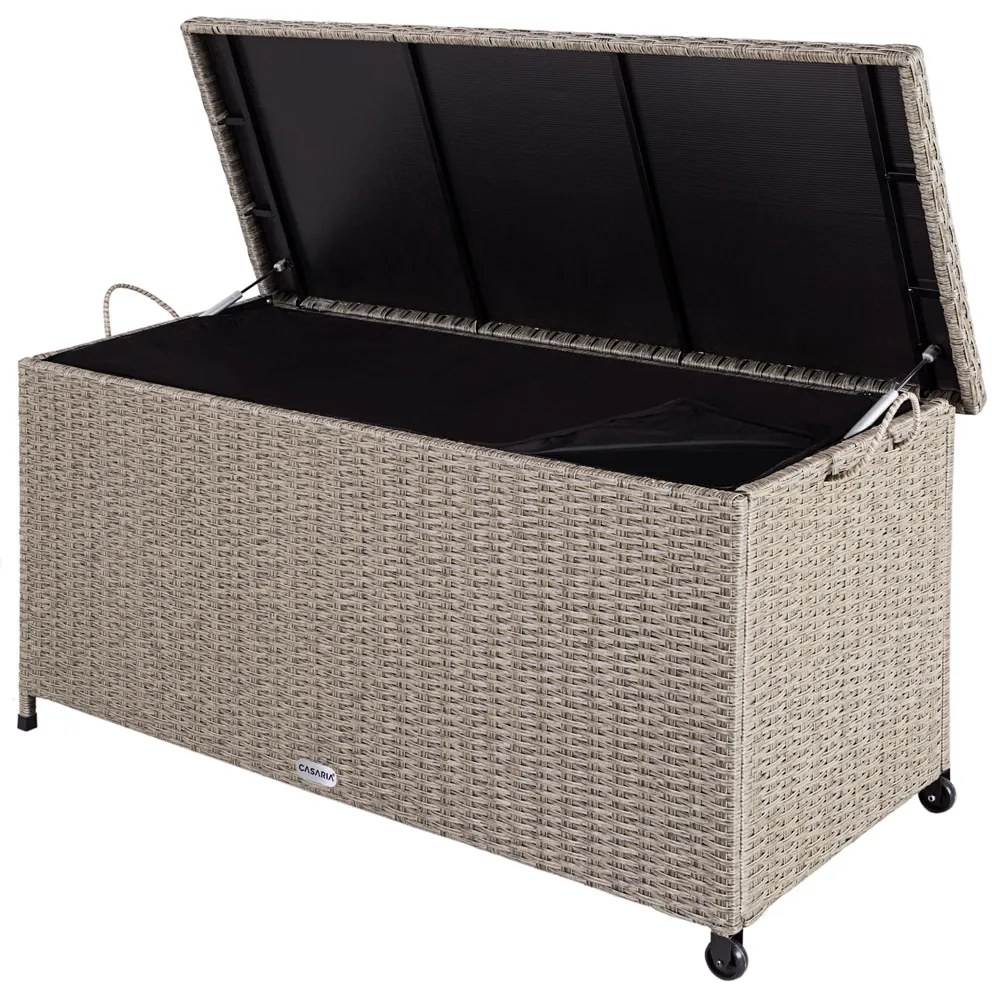 Zahradní úložný box, polyratan, kolečka, 117 x 53 x 60 cm, krémový 106707