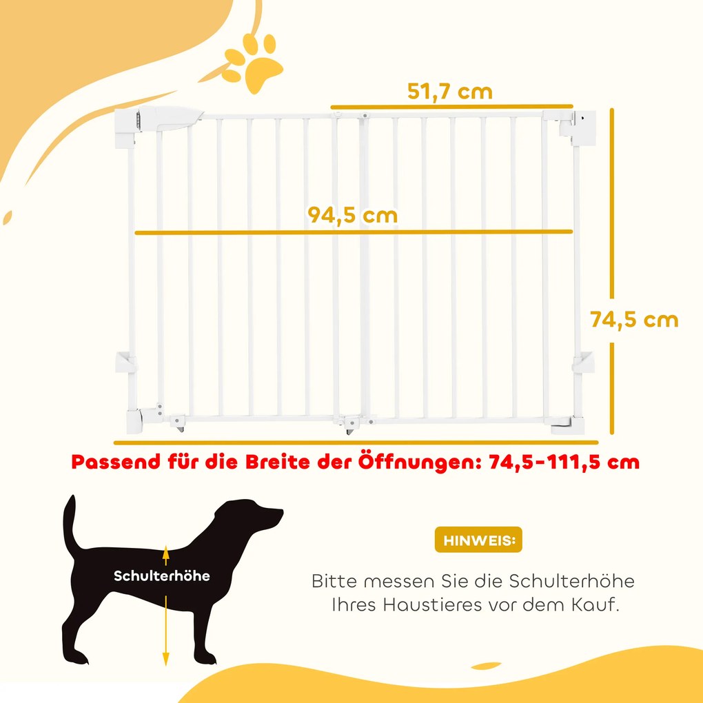 PawHut bezpečnostní brána pro psy, nastavitelná 74,5–111,5 cm, pro dveře a schody, se západkou, samozavíratelná, ovládání jednou rukou, montáž na zeď…