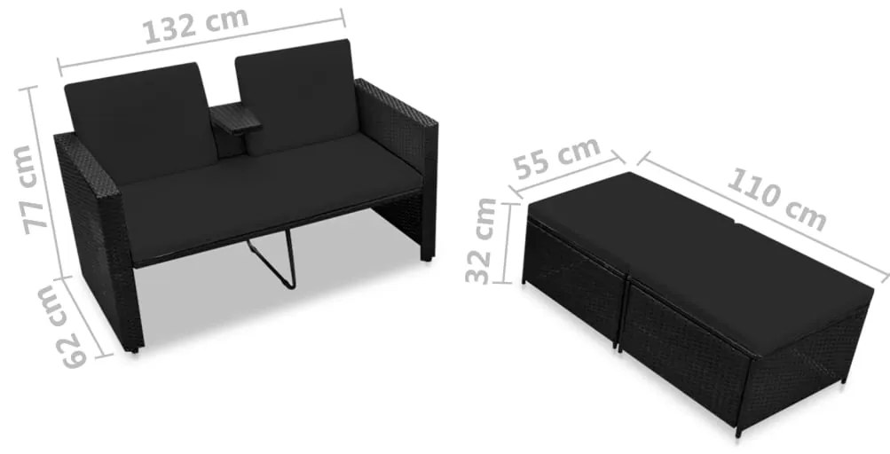vidaXL Marketos 3dílná zahradní sedací souprava s poduškami polyratan černá