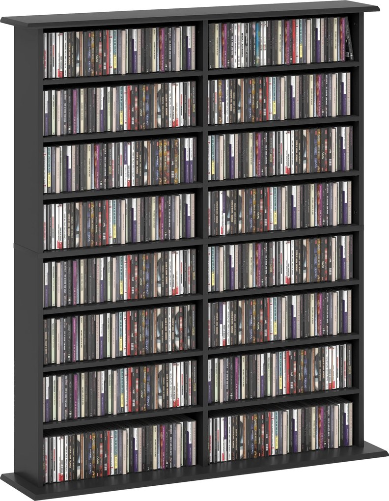 HOMCOM Moderní Knihovna s 16 Policemi pro 720 CD, Držák na CD z Dřevotřísky, 106,5x24x123,7 cm, Černá | Aosom