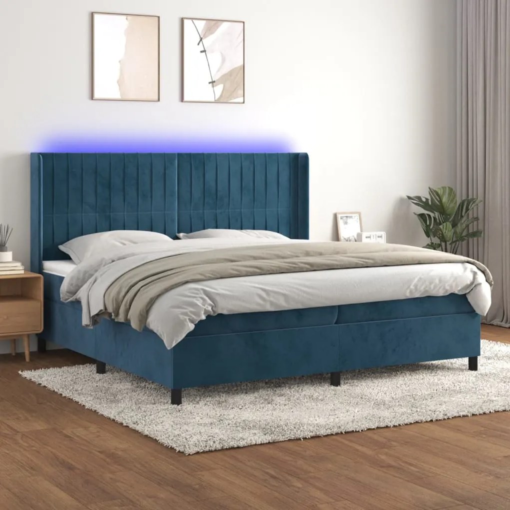 Box spring postel s matrací a LED tmavě modrá 200x200 cm samet 3139707