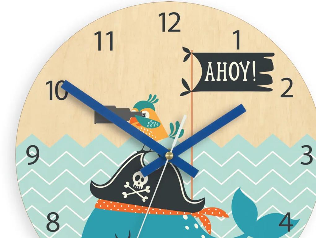 M.Clock Nástěnné dětské dřevěné hodiny velryba pirát tiché 30cm bříza