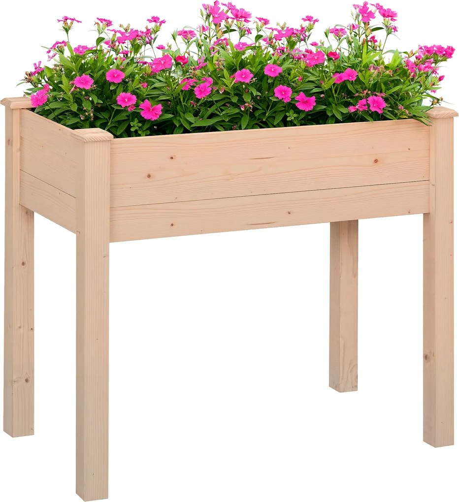 Outsunny Vyvýšená Městská Zahrada Přírodní Dřevo 86x46x76 cm Vyvýšený Stůl na Výsadbu s Netkanou Textilií a 4 Odpady pro Výsadbu Květin na Zahradní Te
