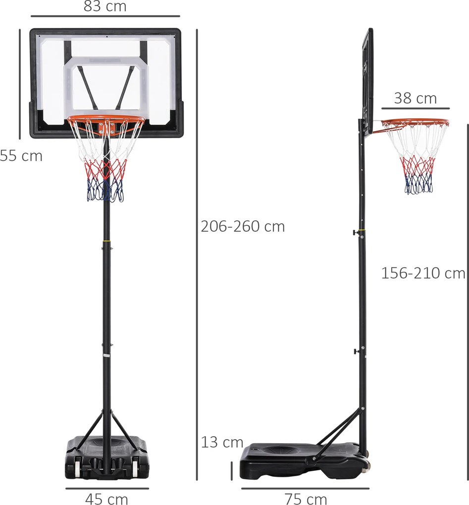 HOMCOM Venkovní basketbalový koš Výškově nastavitelný basketbalový stojan pro děti s kolečky, černý, 83 x 75 x 206-260 cm| Aosom
