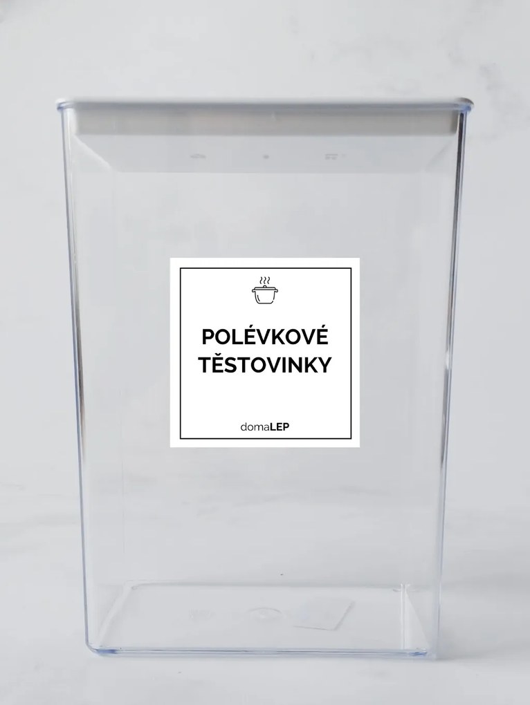POLÉVKOVÉ TĚSTOVINKY – bílá samolepka na dózu, tučné písmo, 5 x 5 cm | DomaLEP