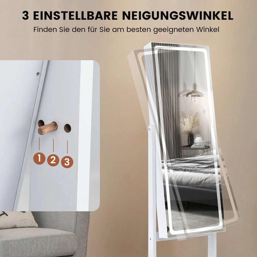 Costway Šperkovnice se zrcadlem a 3 barevným LED osvětlením zrcadlová – bílý